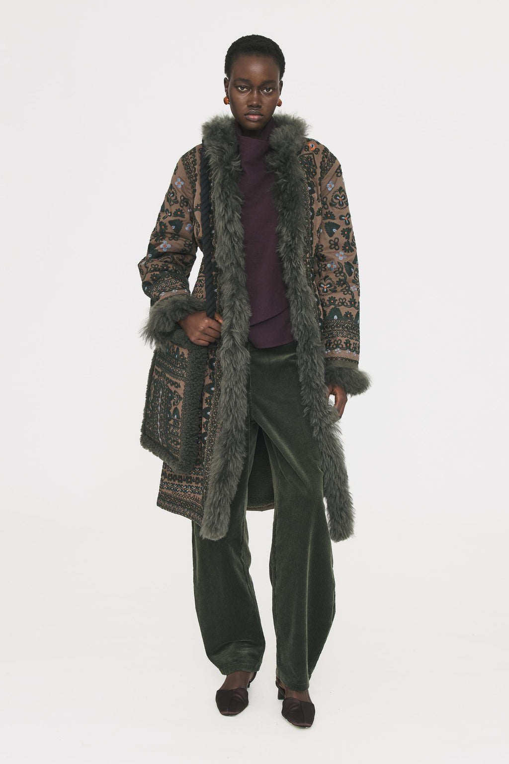 Sandora Fur Coat – Embroidered Elegance by Antik Batik